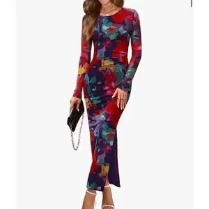 Wiholl | Dresses | Wiholl Women Purple Floral Mesh Long Sleeve Bodycon ...